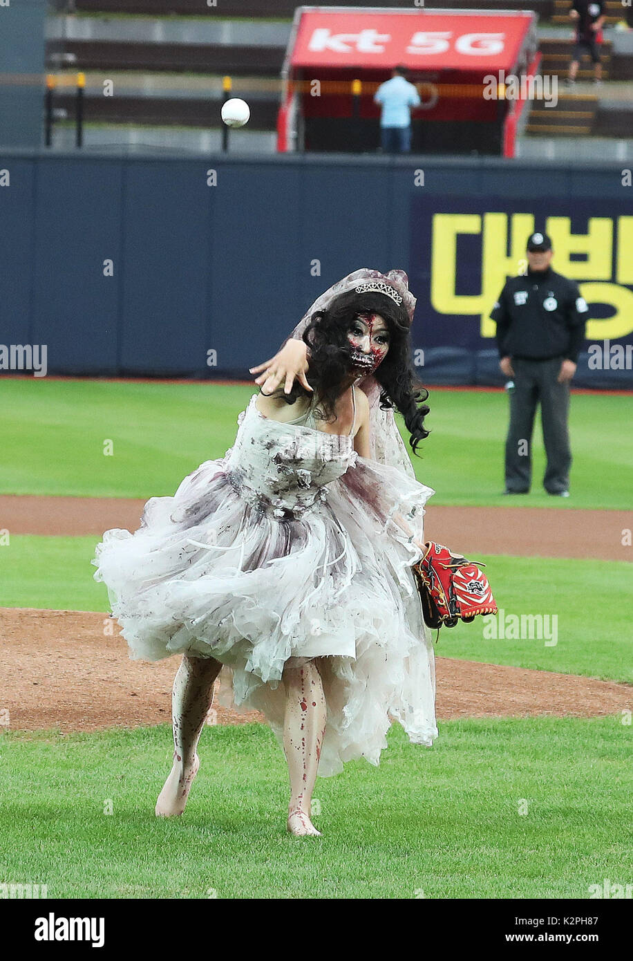 Zombie pitcher A zombie pitches at an event at a baseball stadium in ...