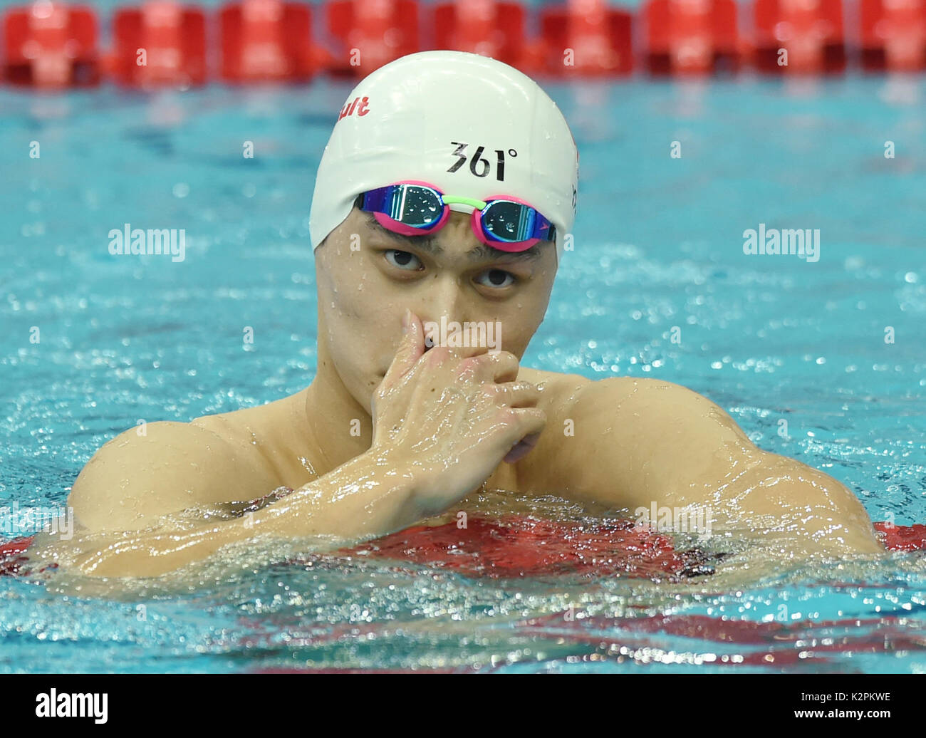 Tianjin. 31st Aug, 2017. Sun Yang of Zhejiang reacts after the men's ...