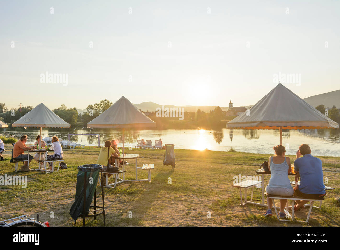 beach restaurant at river Vah (Waag), Trencín (Trentschin), Slovakia ...