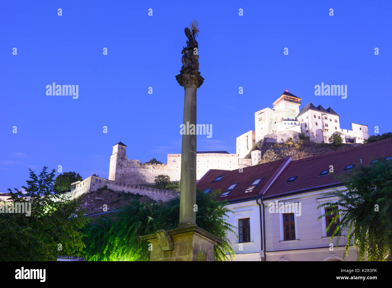 castle, Holy Trinity Column, Trencín (Trentschin), Slovakia Stock Photo ...