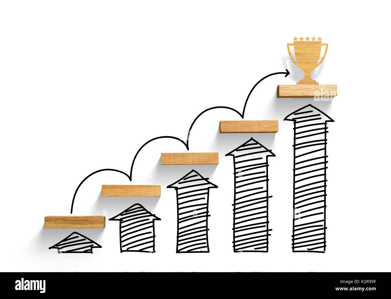 Wooden staircase to reach goal and win trophy with increase graph and ...