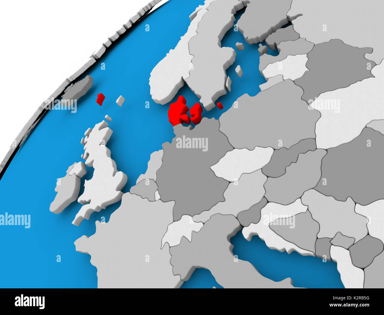 Denmark on simple political globe with visible country borders. 3D ...