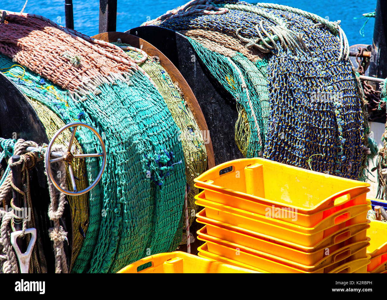 Fishing boat gear loaded for work Stock Photo - Alamy