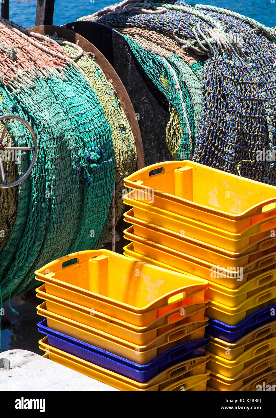 Fishing boat gear loaded for work Stock Photo - Alamy
