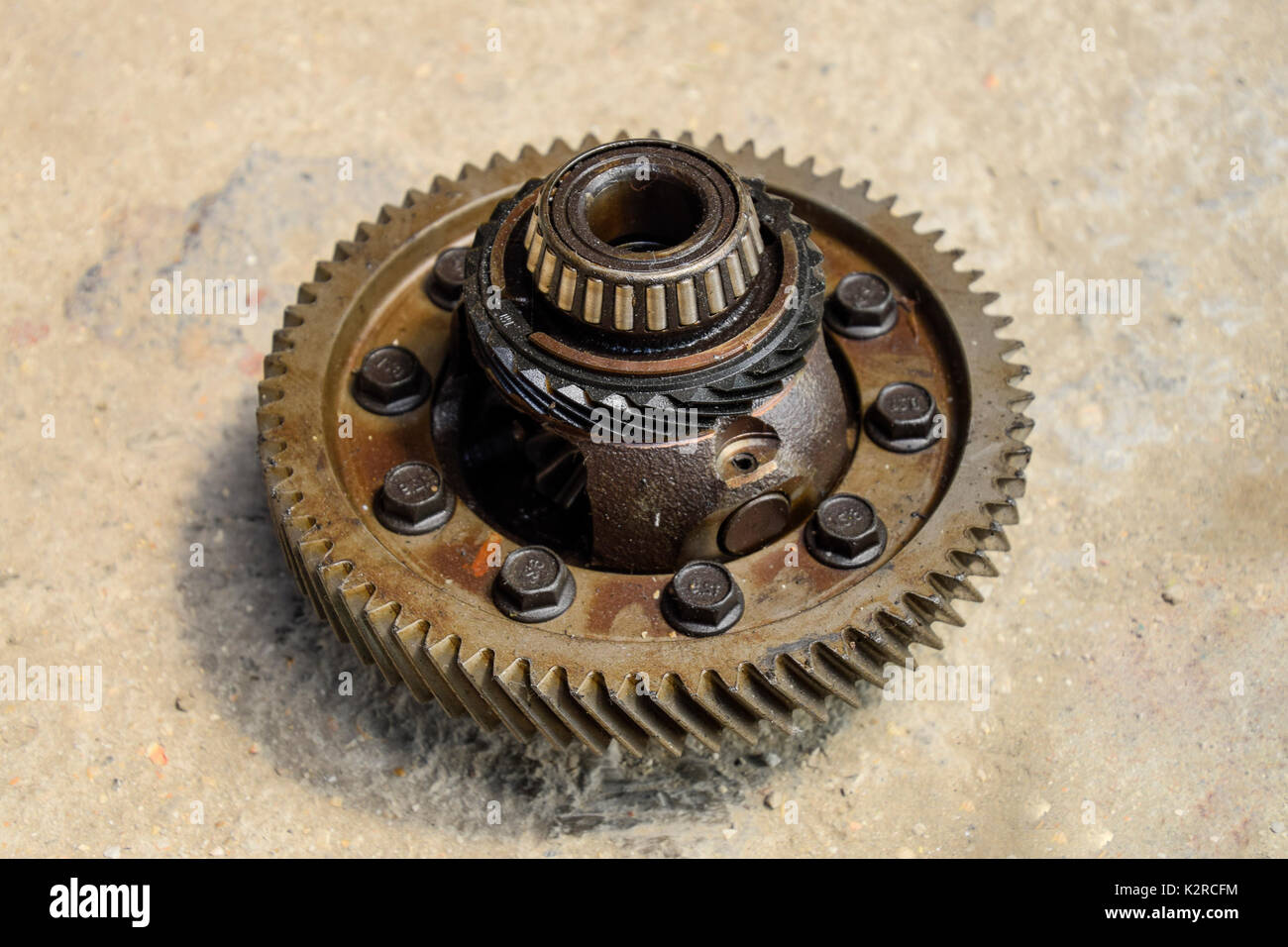 Dismantled box car transmissions. The gears on the shaft of a ...