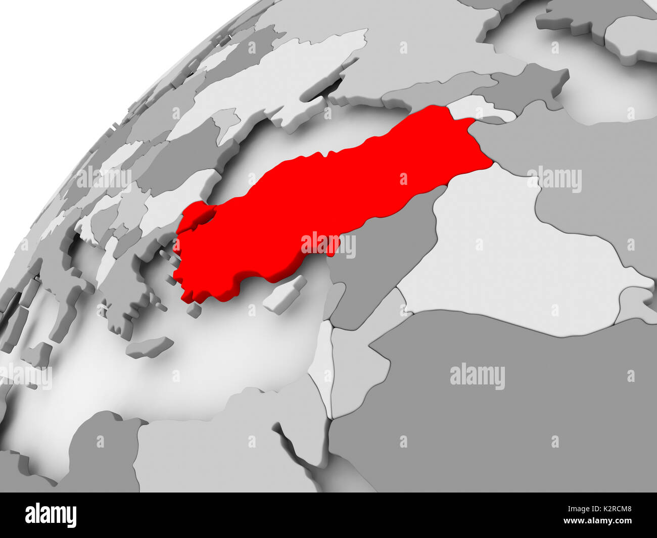 Map of Turkey in red on grey political globe. 3D illustration Stock ...