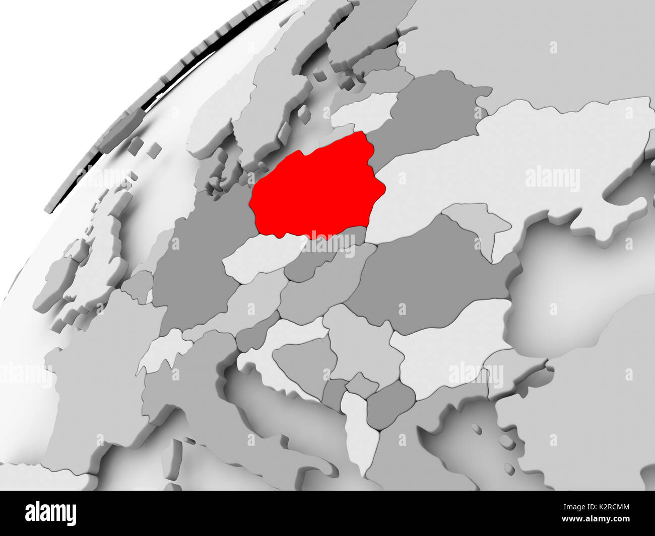 Map of Poland in red on grey political globe. 3D illustration Stock ...