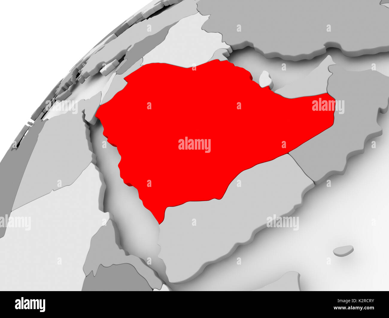 Map of Saudi Arabia in red on grey political globe. 3D illustration ...