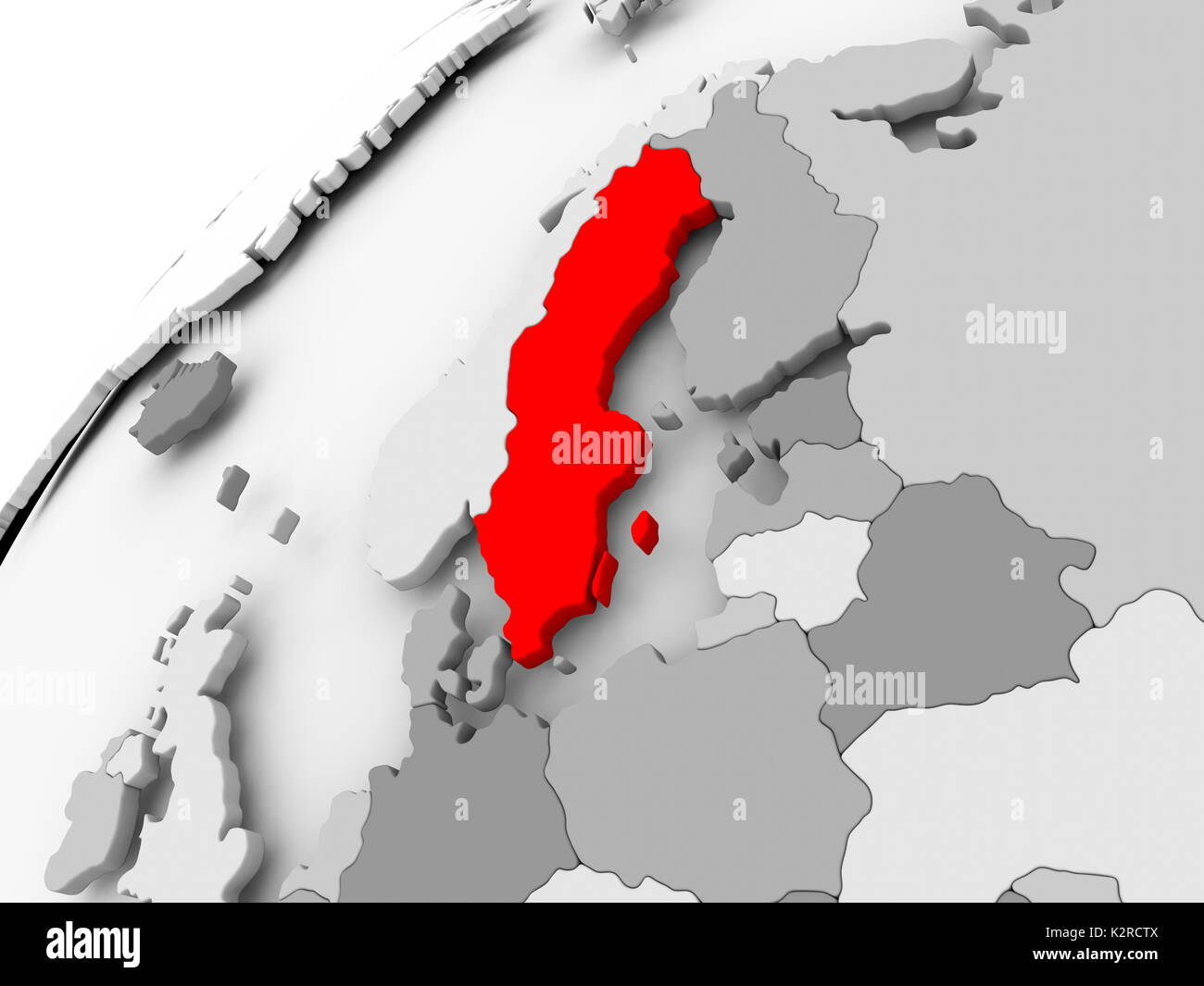 Map of Sweden in red on grey political globe. 3D illustration Stock ...