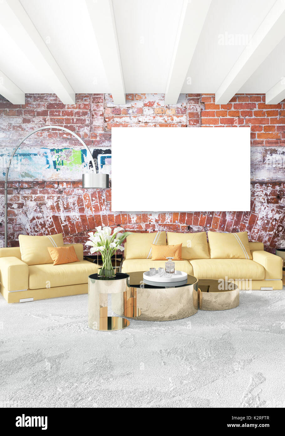 Vertical modern interior bedroom or living room with eclectic wall and ...