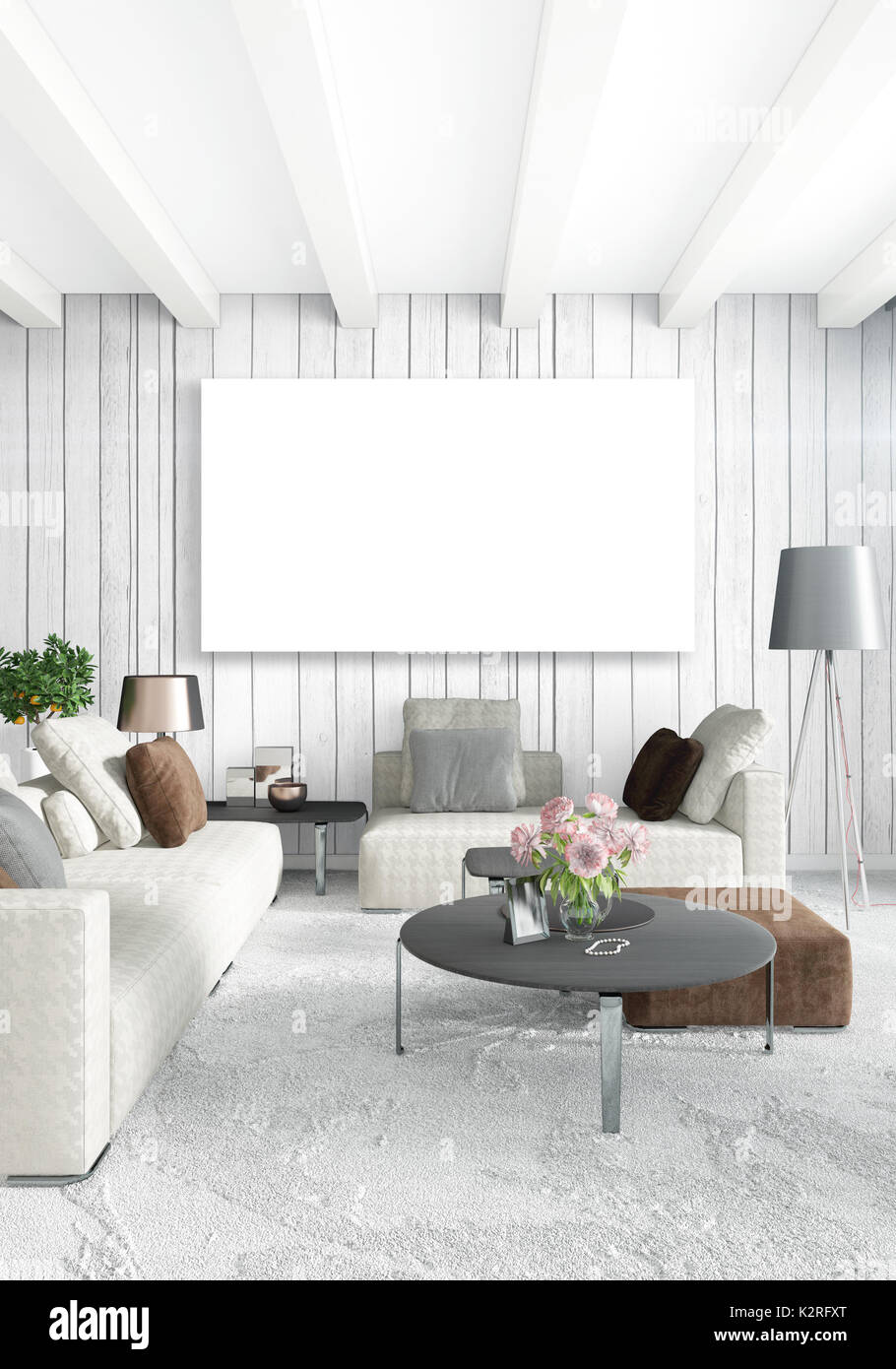 Vertical modern interior bedroom or living room with eclectic wall and ...