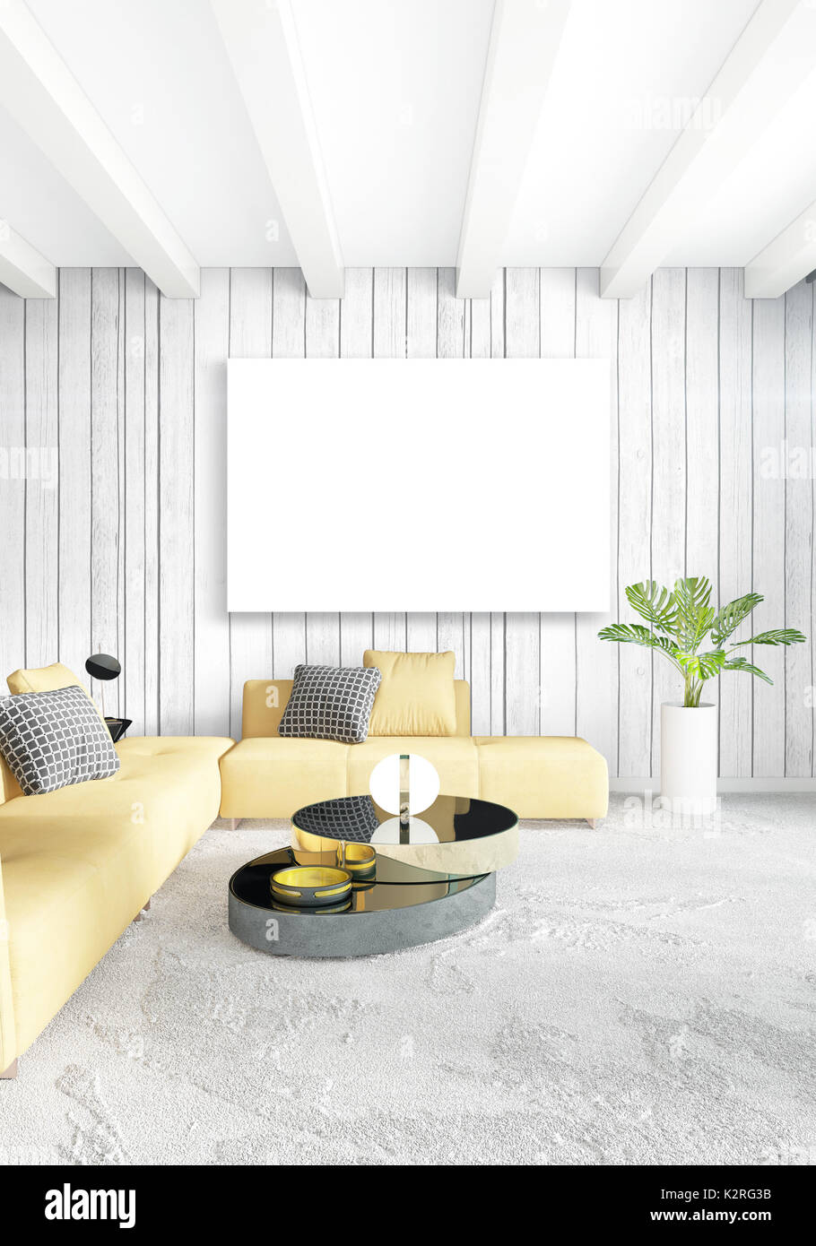 Vertical modern interior bedroom or living room with eclectic wall and ...