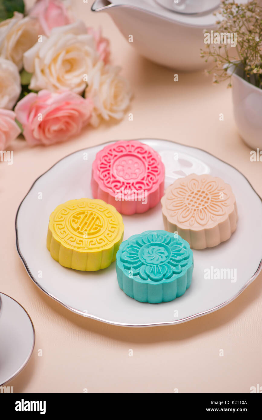 Sweet color of snow skin mooncake. Traditional mid autumn festival ...