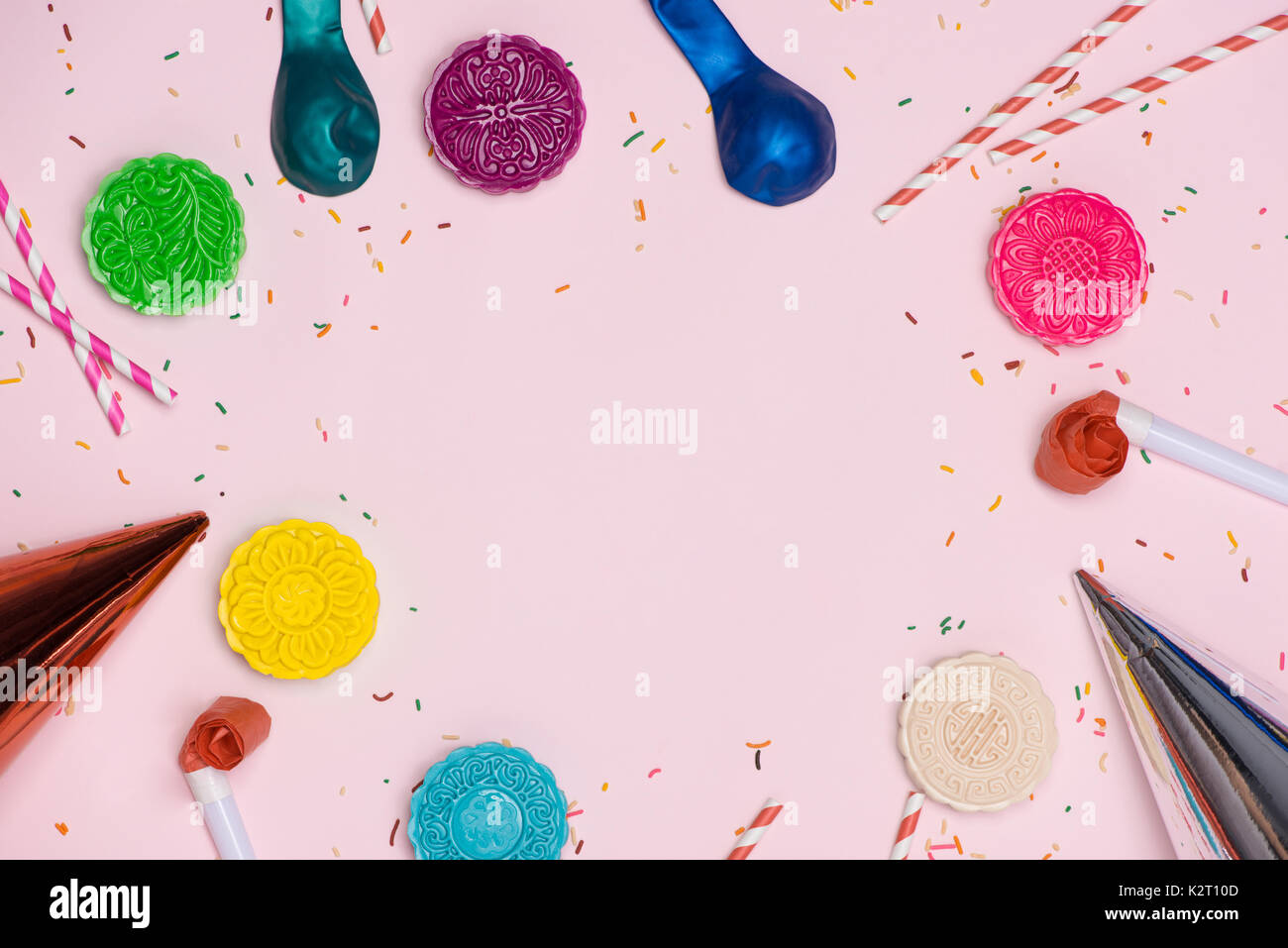 Table party setting. Traditional mid autumn festival colorful mooncakes ...