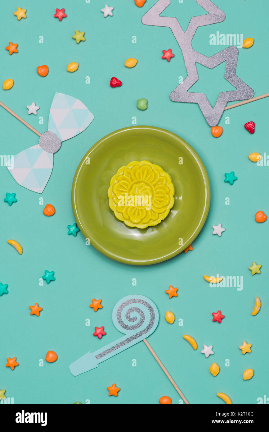 Table party setting. Traditional mid autumn festival colorful mooncakes ...