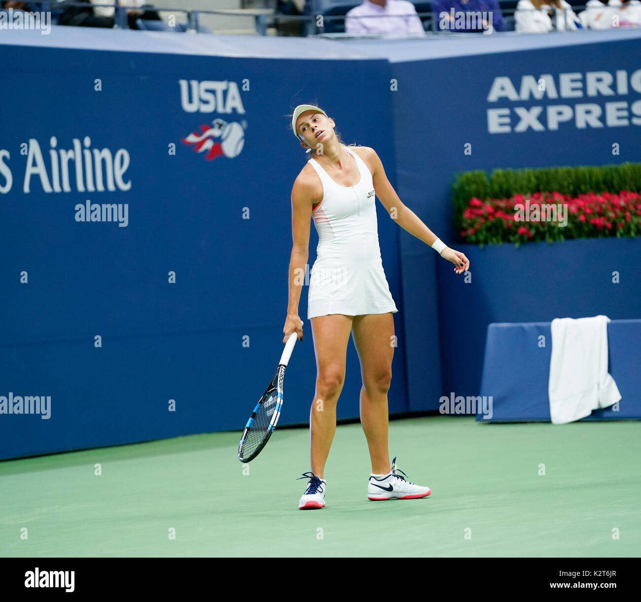New York, United States. 29th Aug, 2017. Magda Linette of Poland reacts ...
