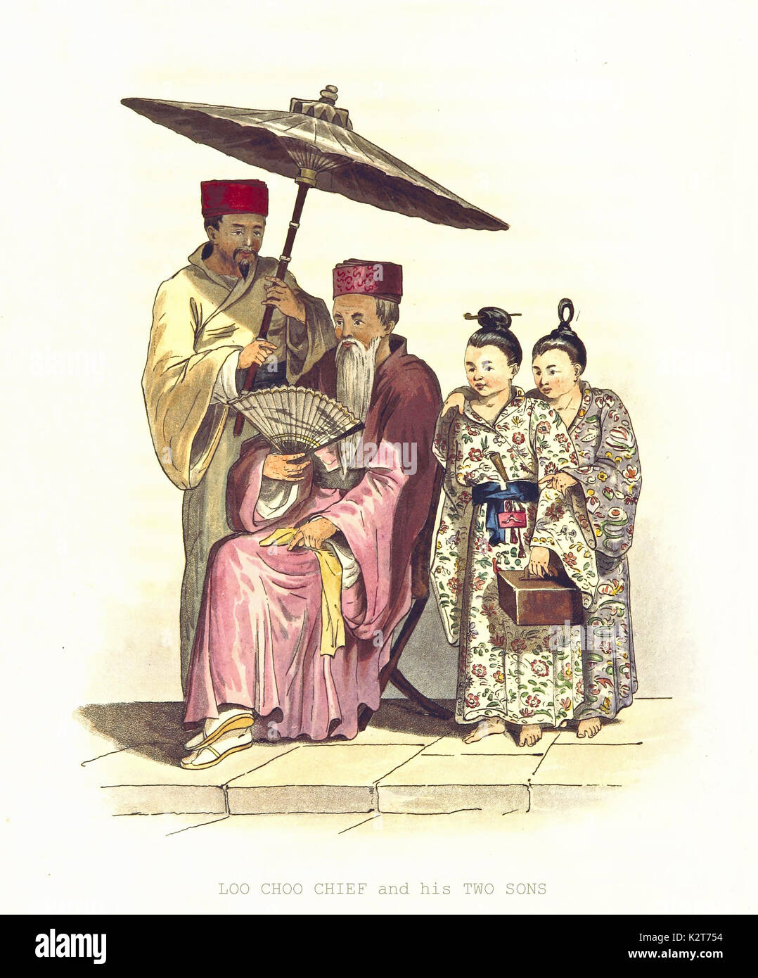 Old illustration of Loo Choo chief and his two sons (Ryukyu Islands ...