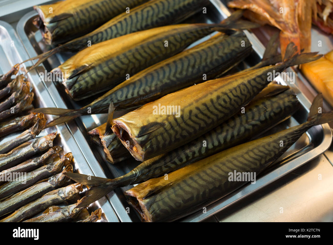 Trays with smoked fish in supermarket of Russian food Stock Photo - Alamy