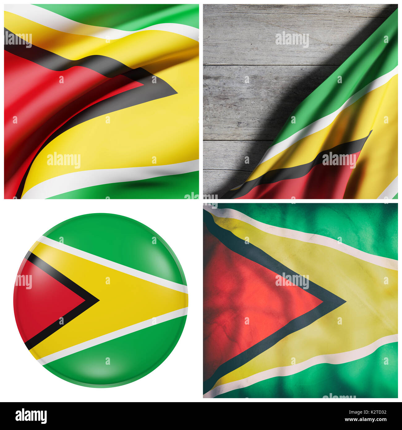 Composition of four 3d rendering of Republic of Guyana flags waving ...