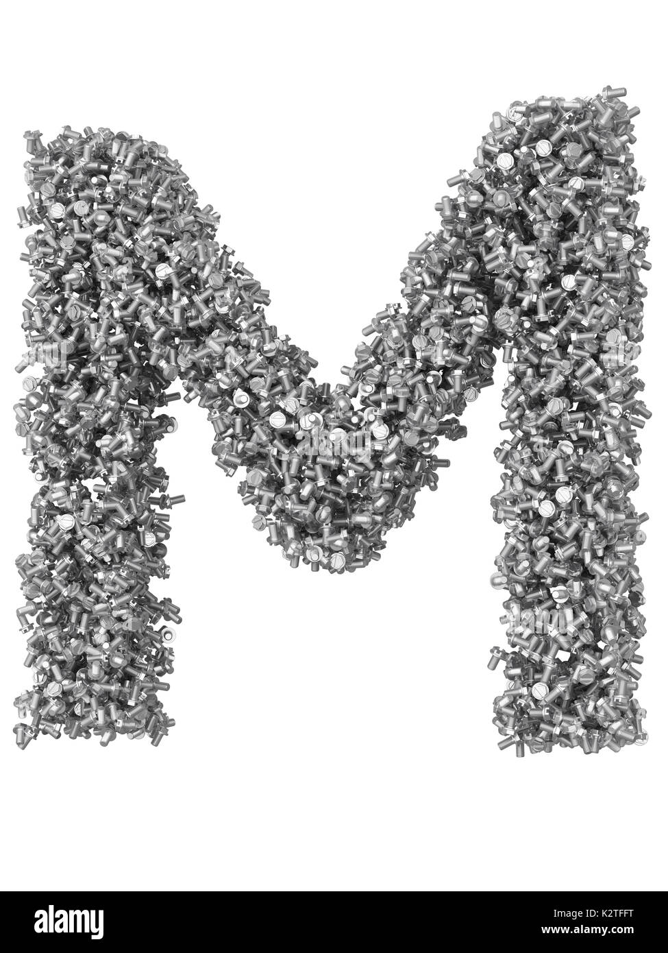 3D render of silver or grey alphabet make from bolts. Big letter M with ...