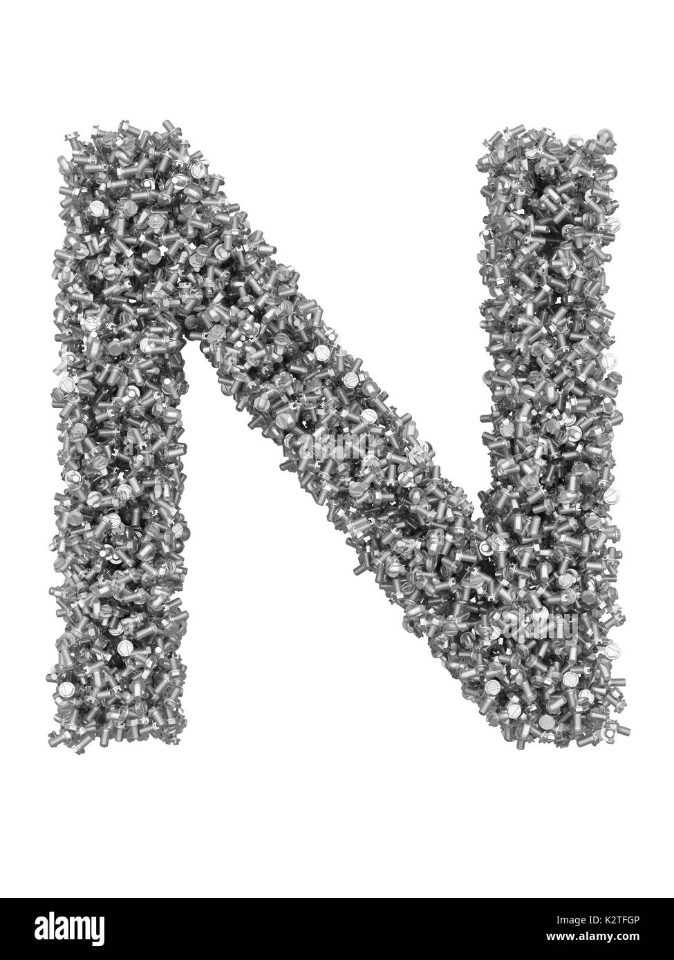 3D render of silver or grey alphabet make from bolts. Big letter N with ...