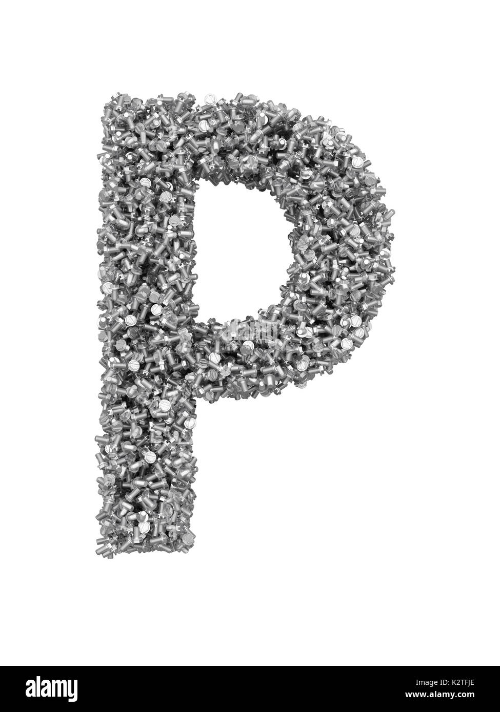 3D render of silver or grey alphabet make from bolts. Big letter P with ...