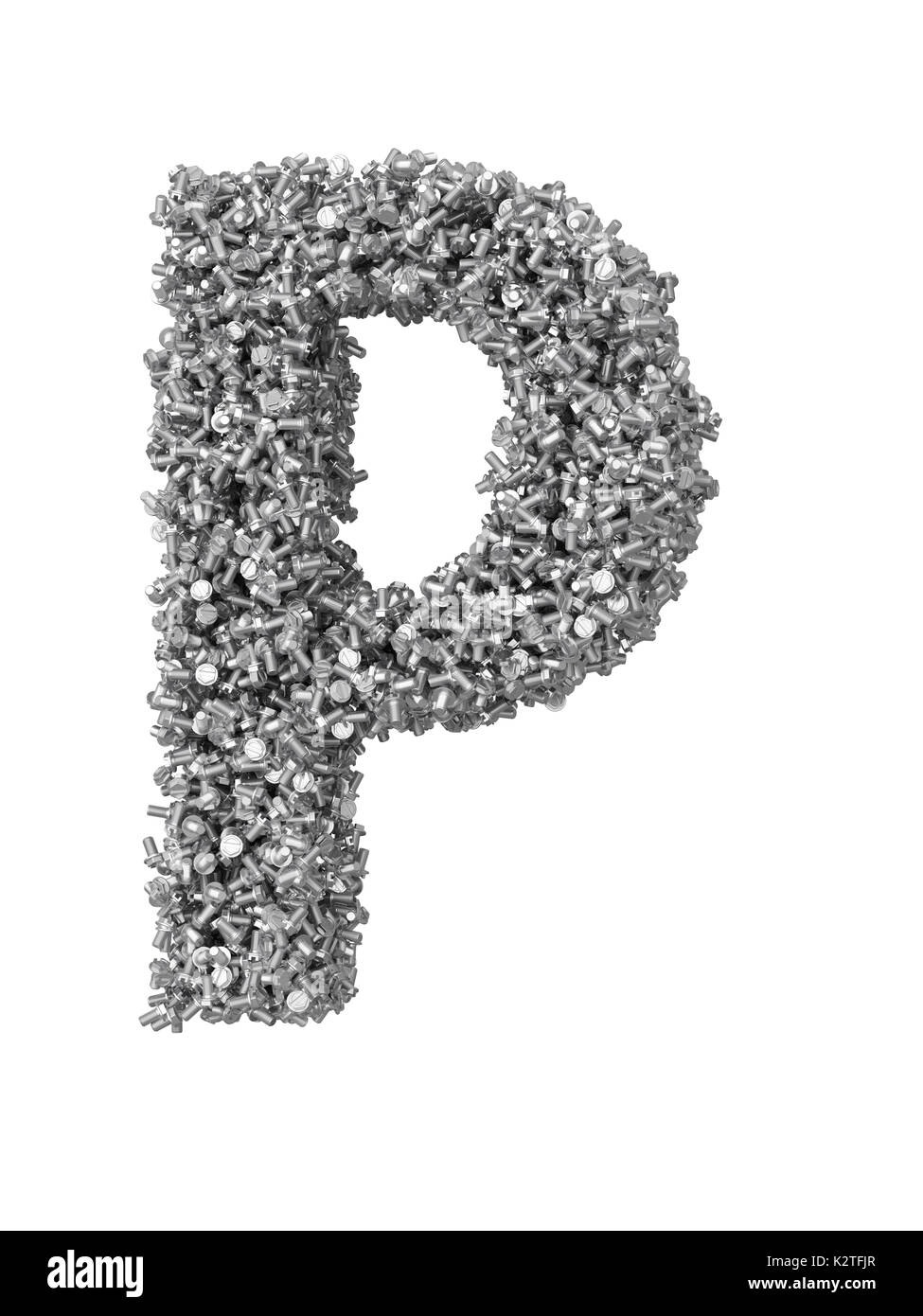 3D render of silver or grey alphabet make from bolts. Big letter P with ...