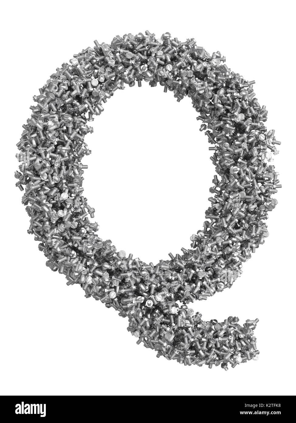 3D render of silver or grey alphabet make from bolts. Big letter Q with ...