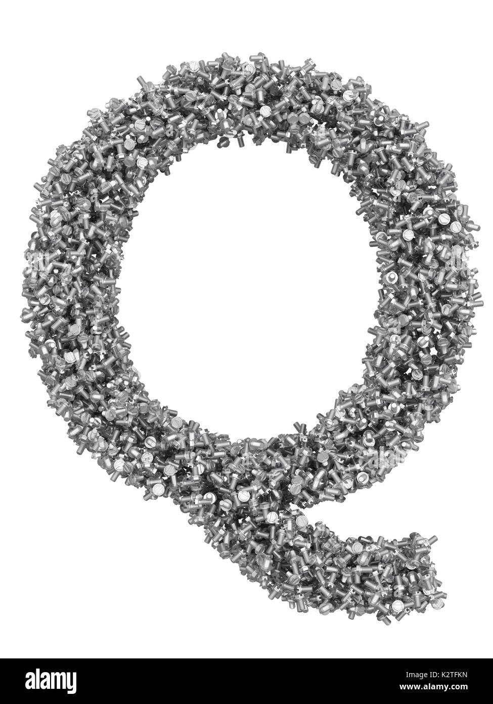3D render of silver or grey alphabet make from bolts. Big letter Q with ...