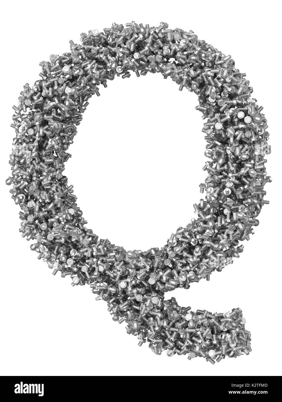 3D render of silver or grey alphabet make from bolts. Big letter Q with ...