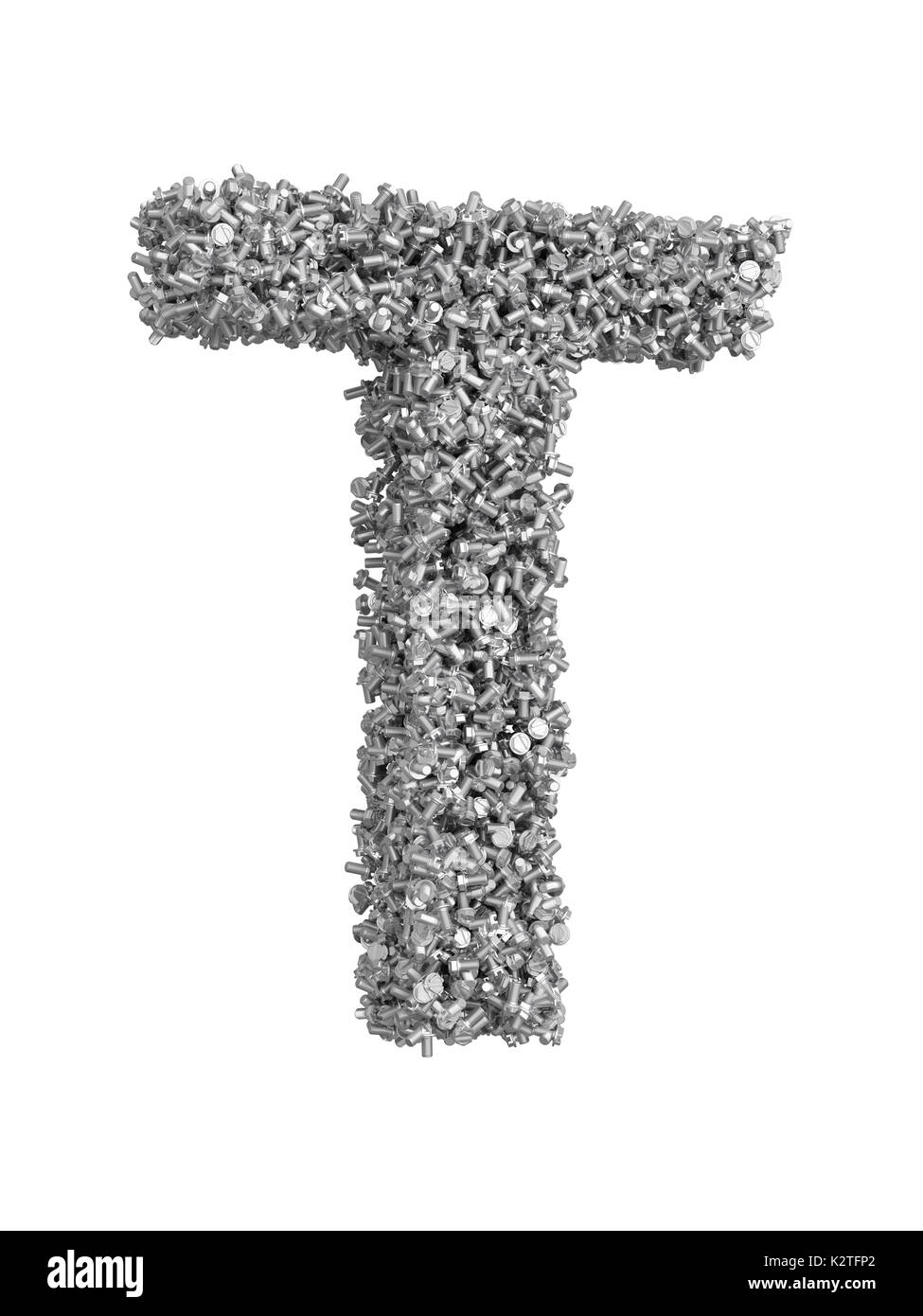 3D render of silver or grey alphabet make from bolts. Big letter T with ...