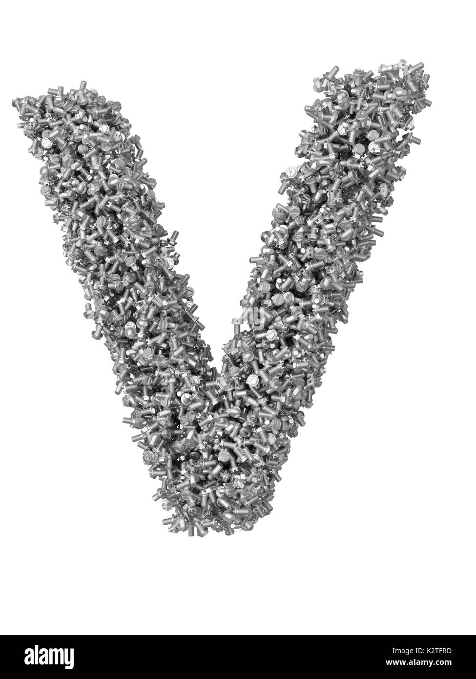 3D render of silver or grey alphabet make from bolts. Big letter V with ...
