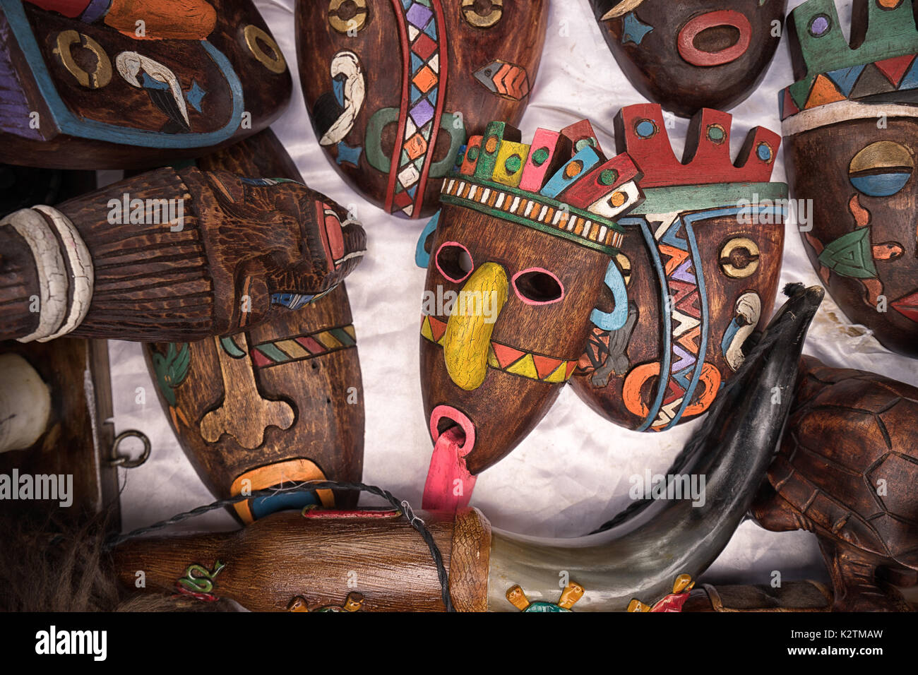 April 29, 2017 Otavalo, Ecuador: indigenous quechua face masks made of ...