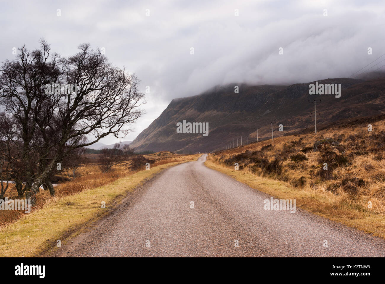 Ben Stack hidden by low cloud with the A838 road, Sutherland, Scottish ...