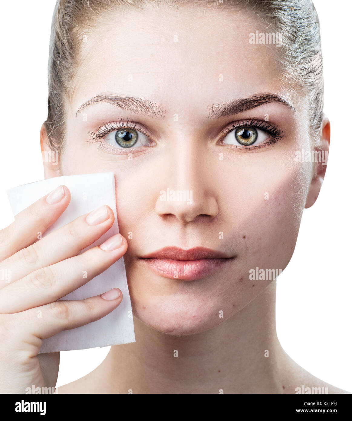 Young woman cleaning her face by napkins Stock Photo - Alamy