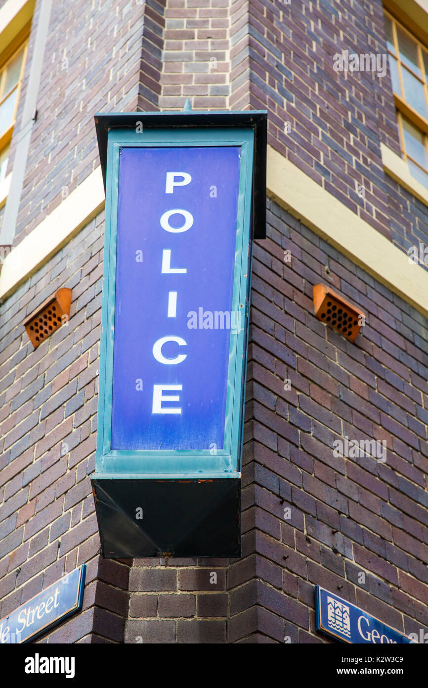 Traditional blue lamp Police station sign in The Rocks, historic area ...