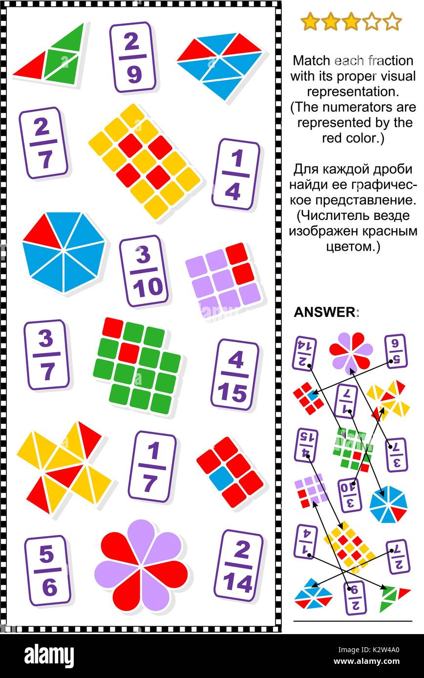 Educational math puzzle for learning and teaching fractions: Match each ...