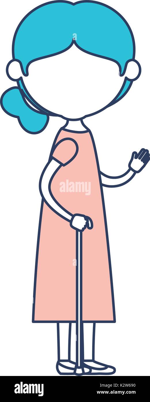 faceless caricature full body elderly woman with dress in walking stick ...