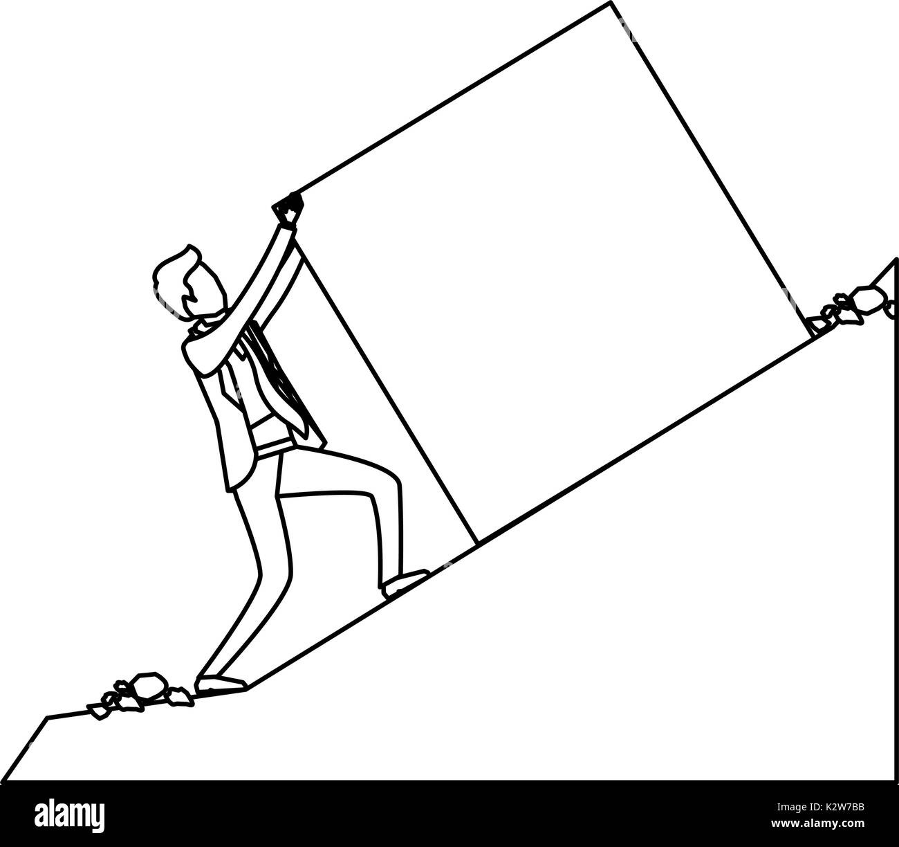 businessman pushing a block over rock landscape sketch silhouette in ...