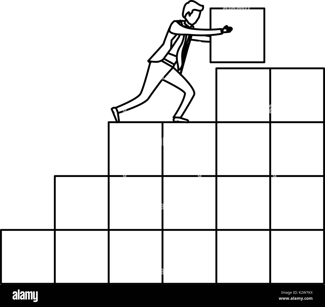 businessman pushing a block in structure of bricks sketch silhouette in ...
