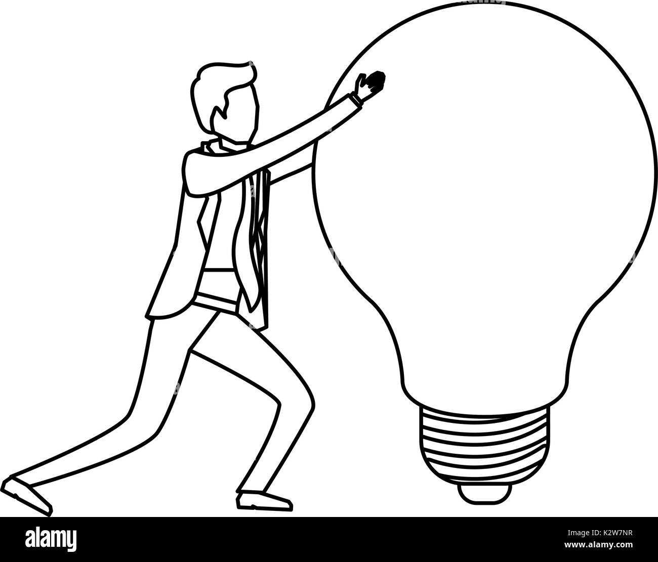 businessman pushing a big light bulb sketch silhouette in white ...