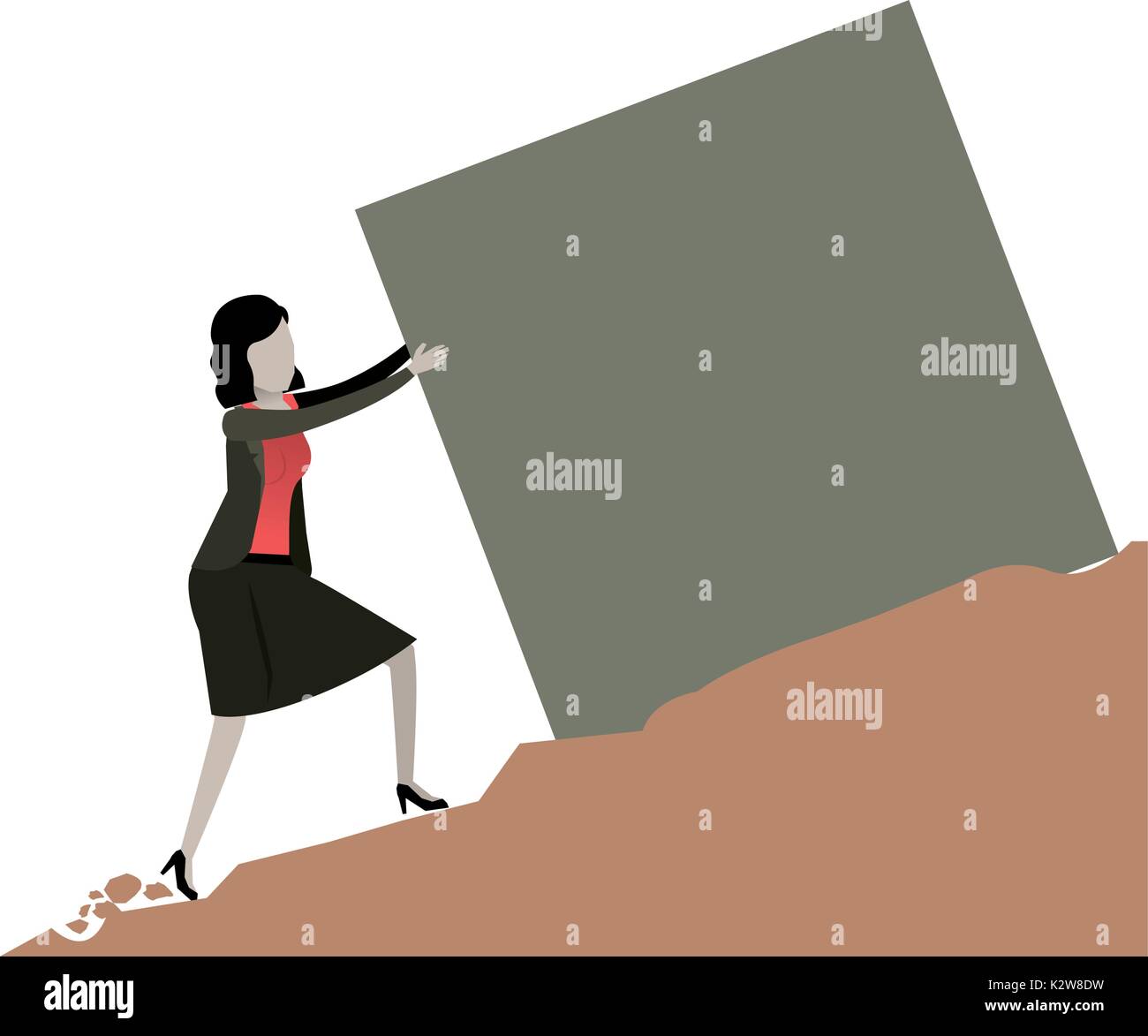 business woman pushing a block over rock landscape and white background ...