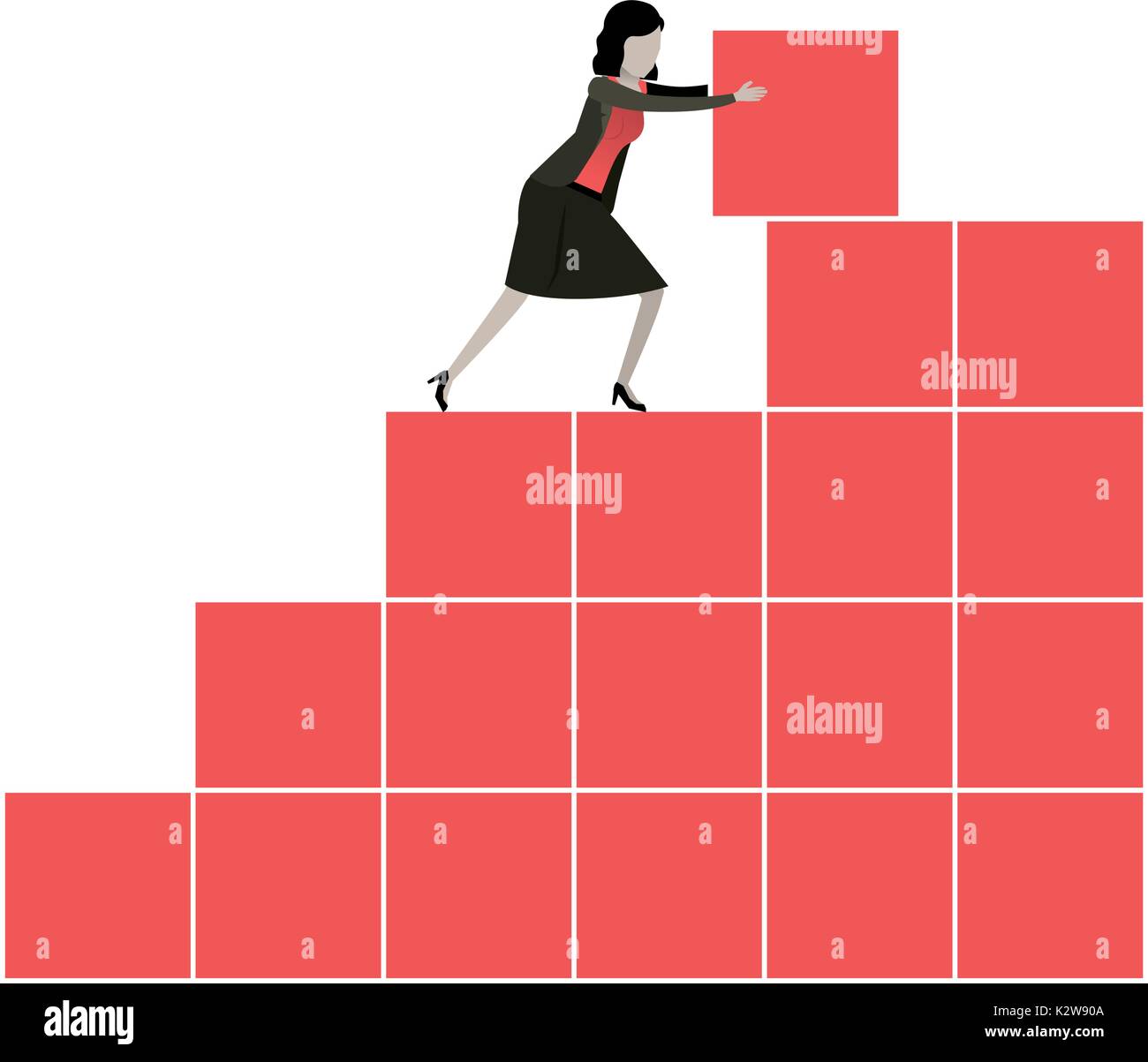 white background with businesswoman pushing a block in structure of ...