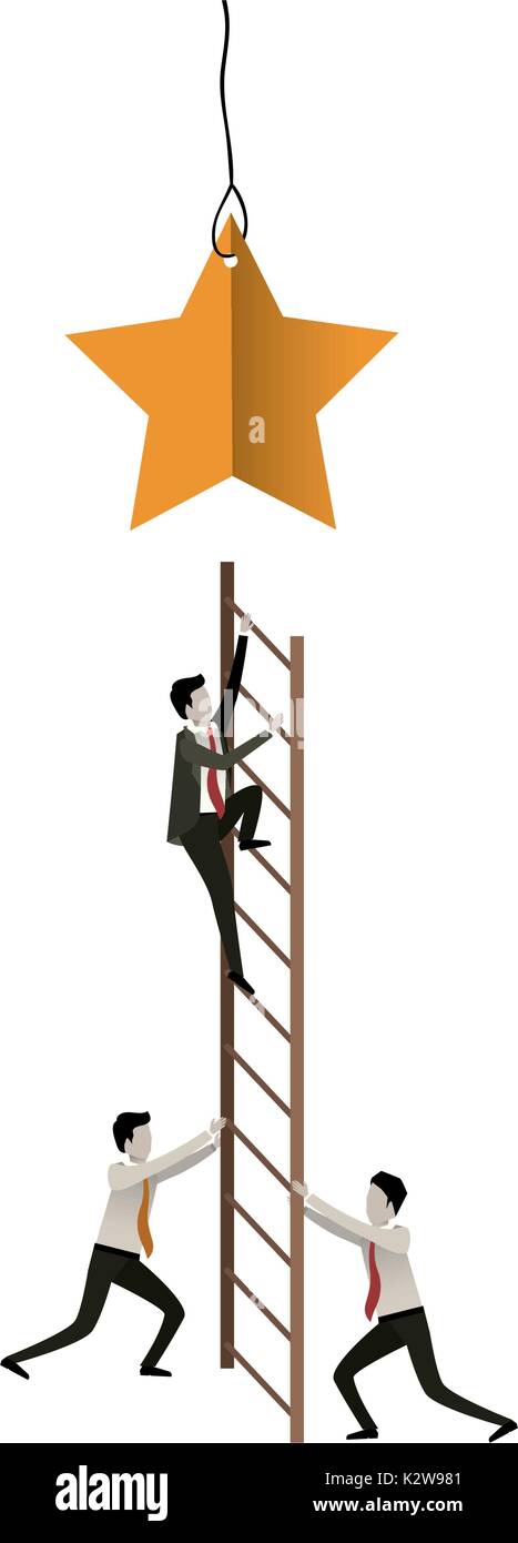 white background with businessman climbing wooden stairs to reach a ...