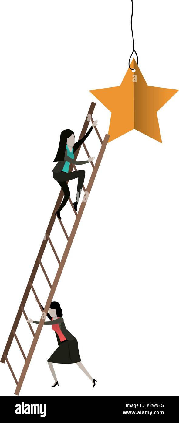 white background with businesswoman climbing wooden stairs to reach a ...