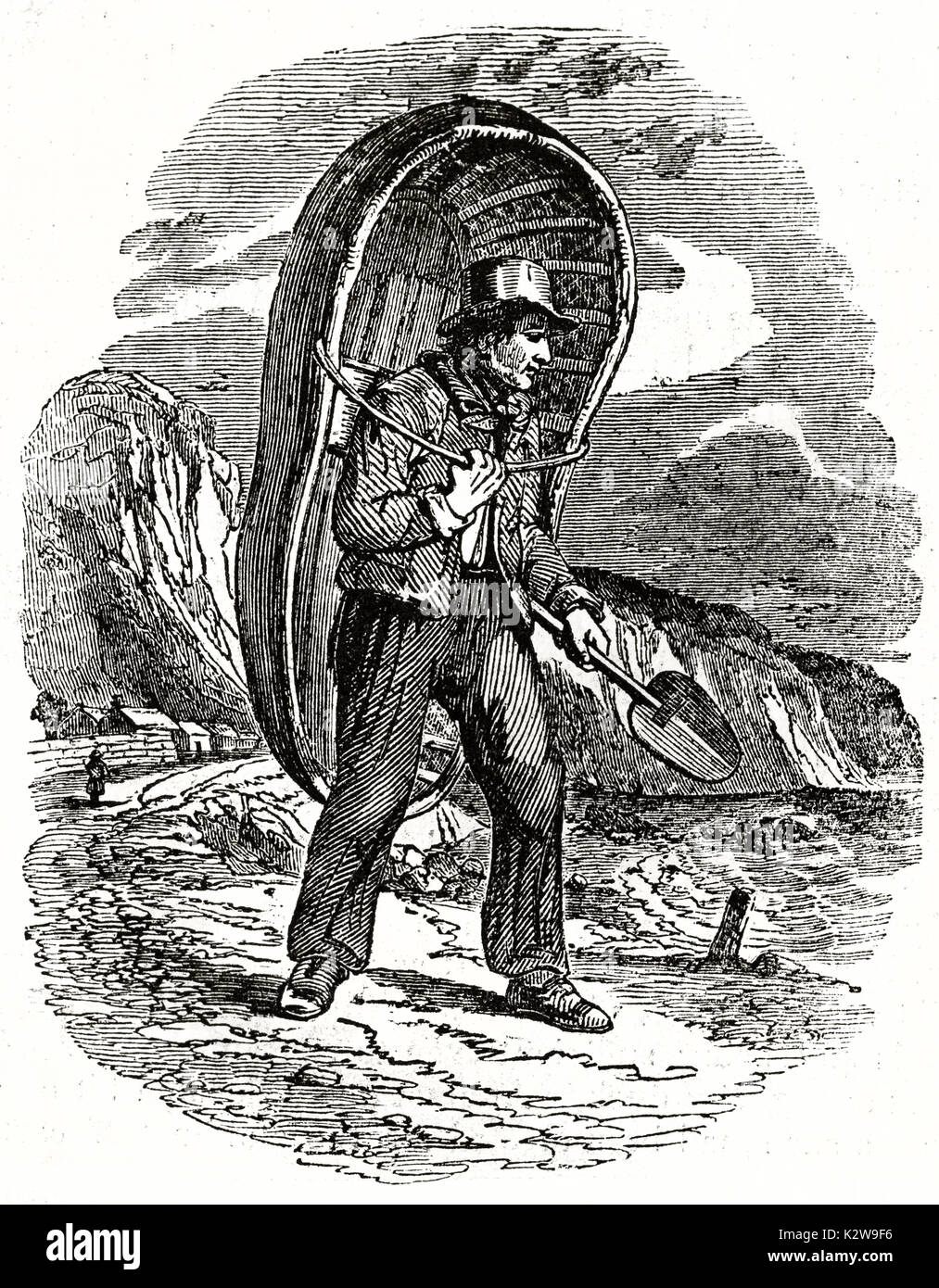 Old illustration bringing a coracle on shoulders (Wales traditional ...