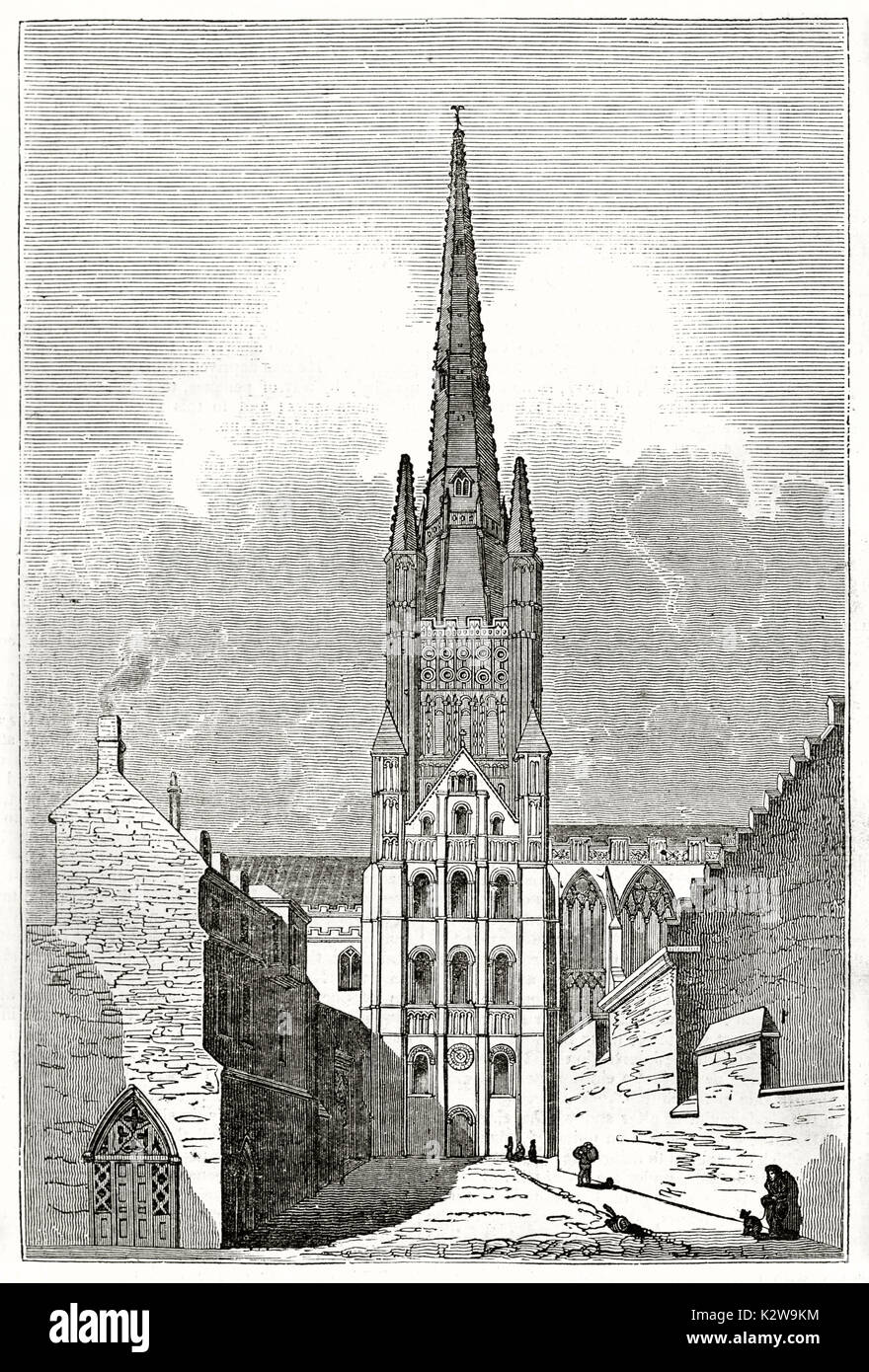 Old view of Norwich cathedral, United Kingdom. Created by Clarke and ...