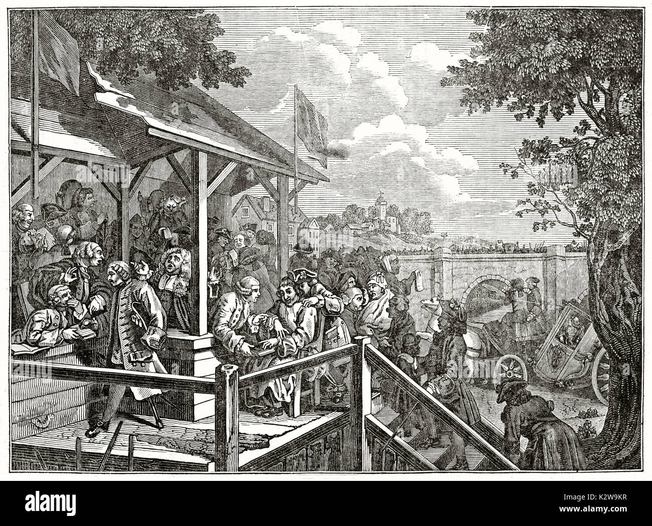 Old reproduction of a humorous painting depicting a polling station ...