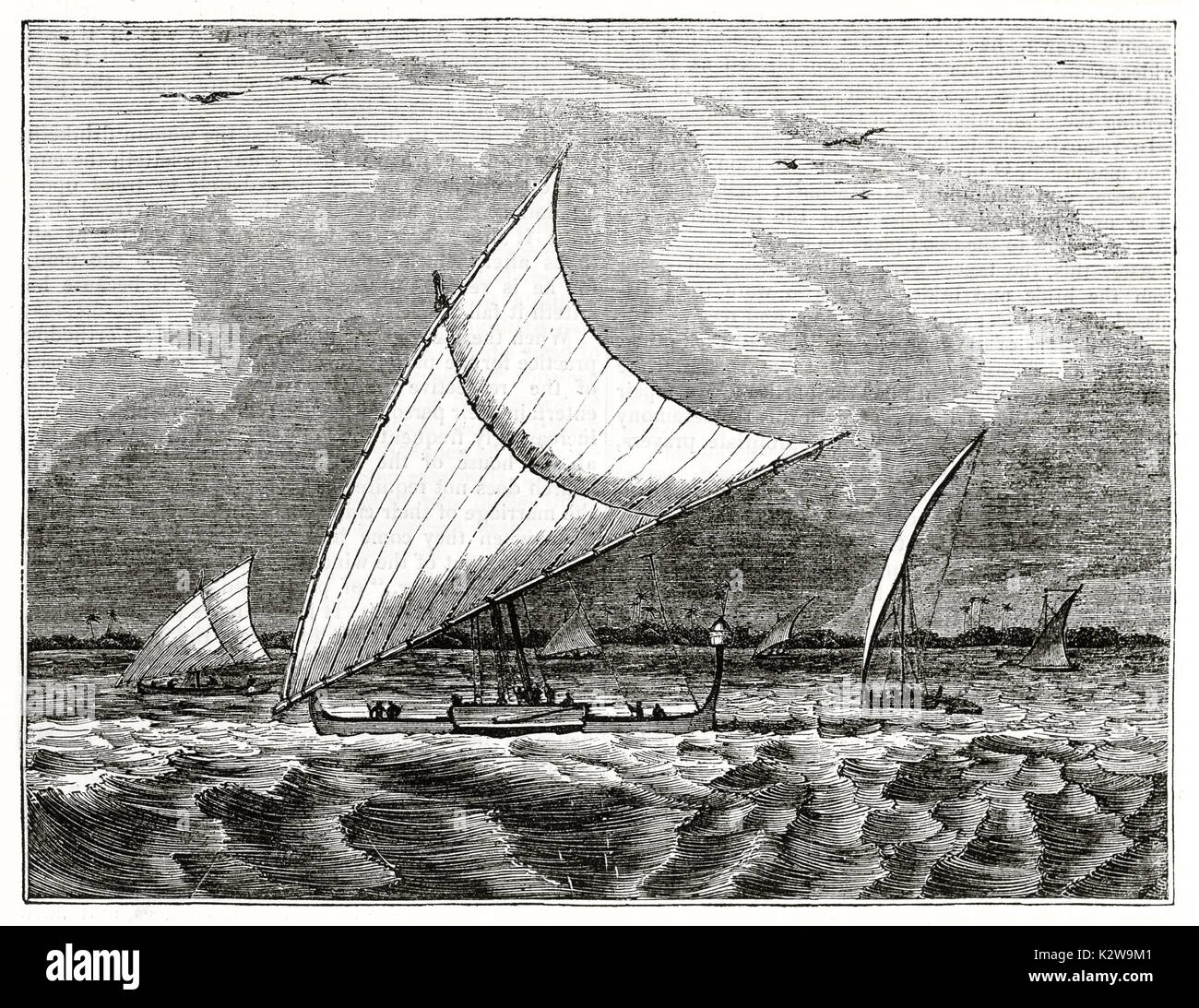 Old illustration of an Indian Proa, multihull sailboat. By unidentified ...