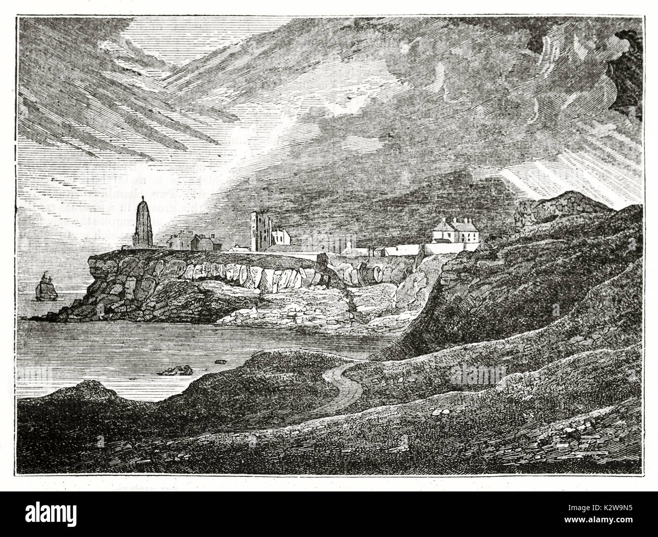 Old view of Tynemouth cliff, lighthouse, priory and barrack, England ...